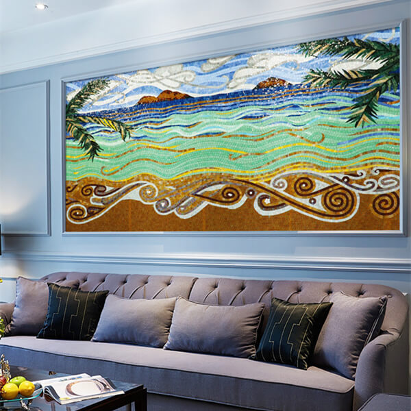 Beach Mosaic Mural Tile Hand Cut Glass Mosaic Picture For Wall Decoration