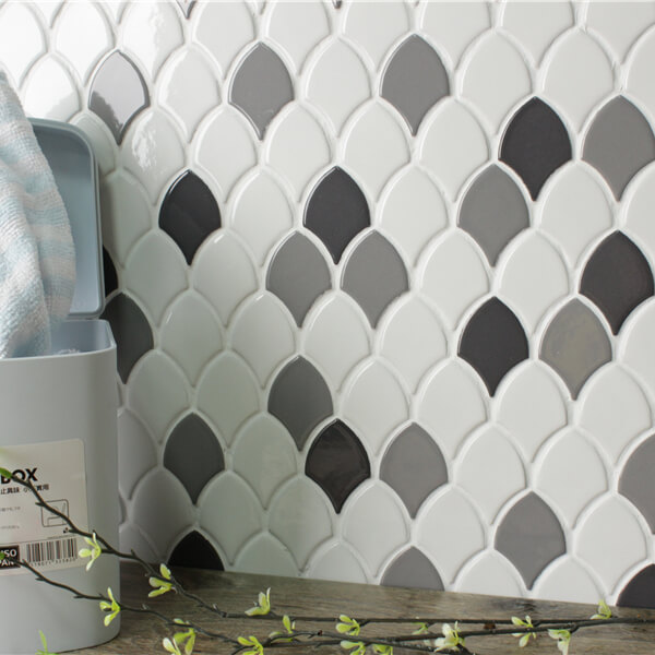 Wholesale Glossy Gray White Fish Scale Shaped Porcelain Tile Backsplash