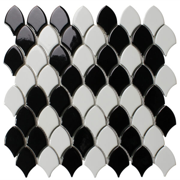 Wholesale Black White Porcelain Ceramic Fish Scale Fan Shaped Mosaic Tiles