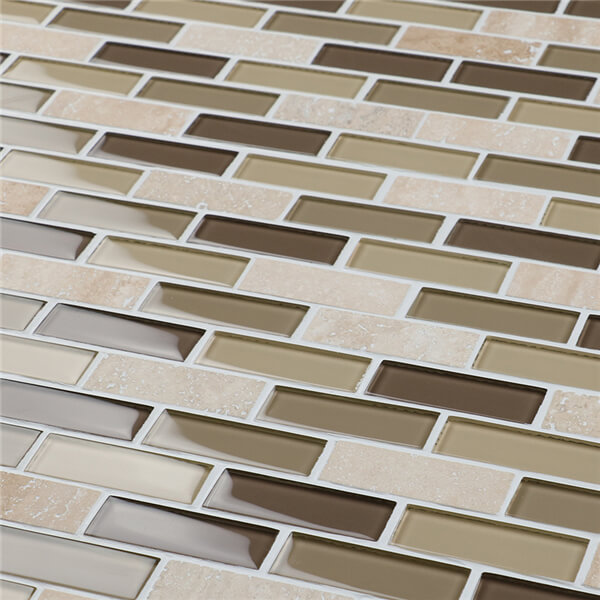 1''x3'' Glass Mixed Travertine Stone Textured Strip Mosaic Tiles