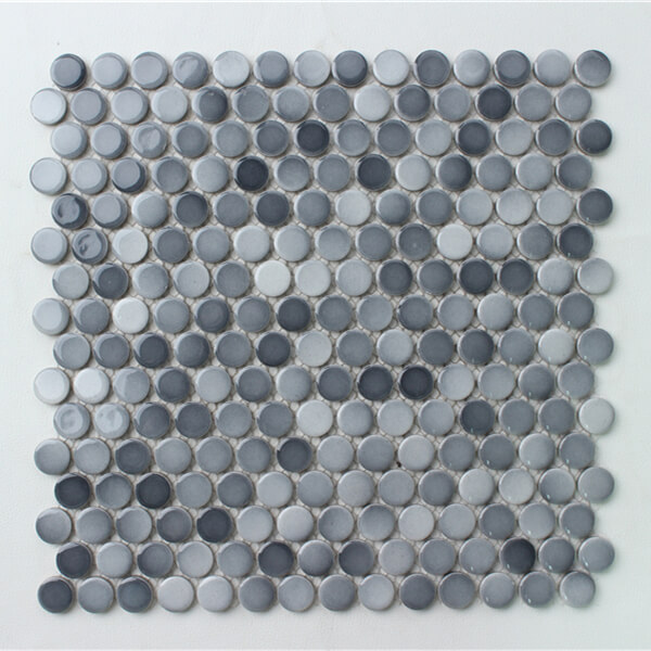 Wholesale 19mm Glossy Gardient Grey Porcelain Mosaic Tile Penny Round Tile