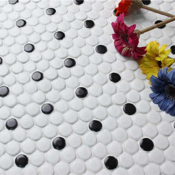 Wholesale Glossy White Black Dot Ceramic Penny Round Mosaic Tile