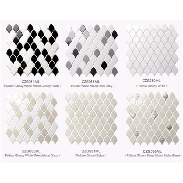 Wholesale Black White Porcelain Ceramic Fish Scale Fan Shaped Mosaic Tiles