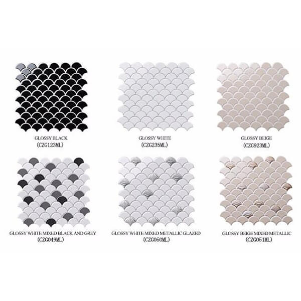MM-Mosaic Glossy White Mixed Grey Fan Shaped Mosaic Tile for Wall Decor