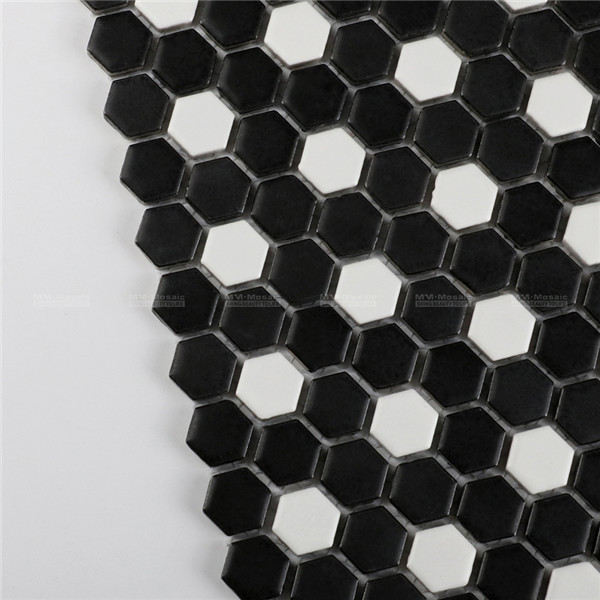 Foshan Factory 1" Black White Checkerboard Ceramic Hexagon Mosaic Wall ...