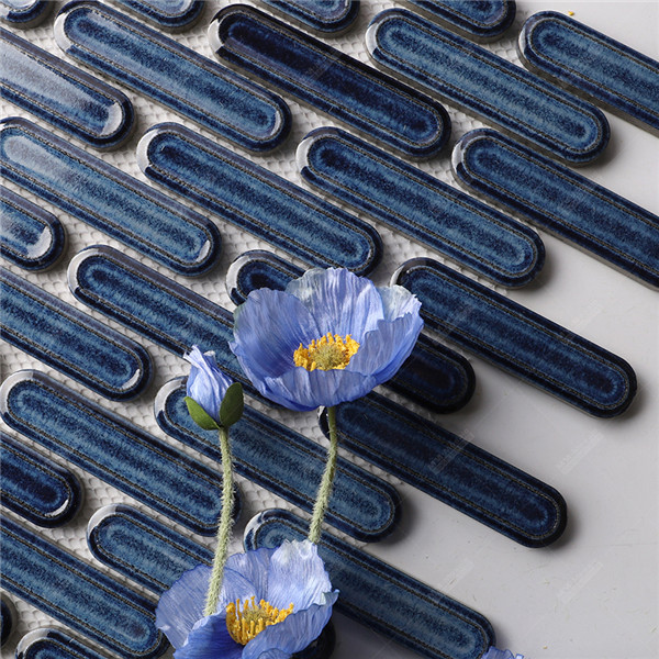 Foshan Supplier Ceramic Long Oval Shape Dark Blue Mosaic Tiles for ...