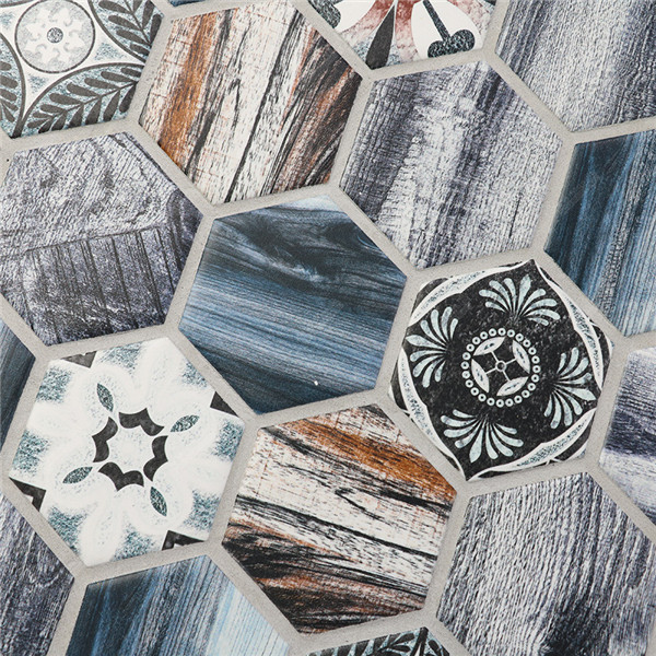 Foshan Manufacturer Inkjet Digital Print Wood 2" Ceramic Hexagon Mosaic ...