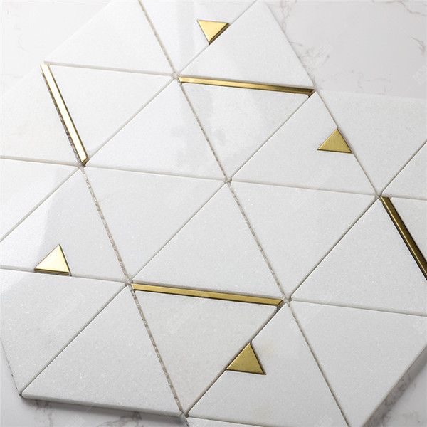 Foshan Manufacturer Thassos White Triangle Waterjet Marble Mosaic Tile Gold Brass Mm Mosaic