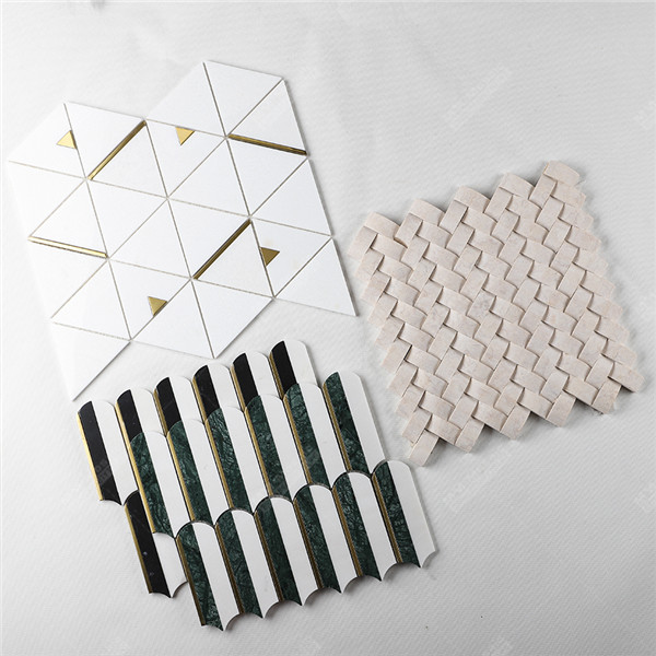 Foshan Manufacturer Thassos White Triangle Waterjet Marble Mosaic Tile Gold Brass Mm Mosaic