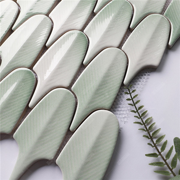 Feather Shape Gradient Light Green Glazed Porcelain Handmade Mosaic ...