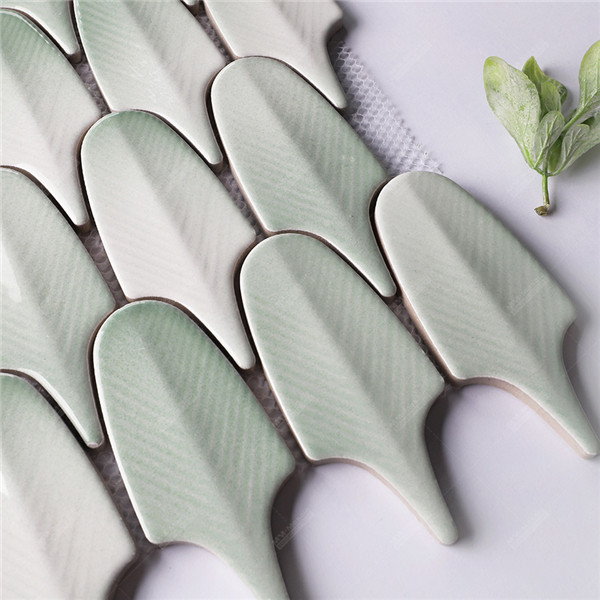 Feather Shape Gradient Light Green Glazed Porcelain Handmade Mosaic ...