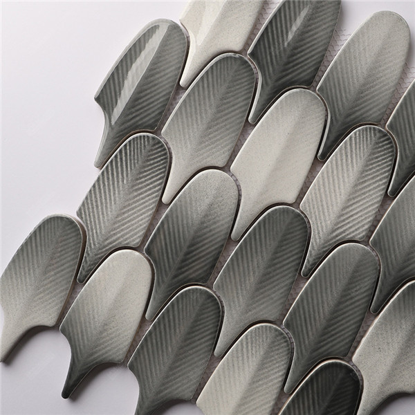 Feather Shape Glazed Gradient Grey Ceramic Hand Made Mosaic Tile ...