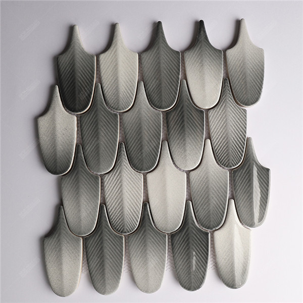 Feather Shape Glazed Gradient Grey Ceramic Hand Made Mosaic Tile ...