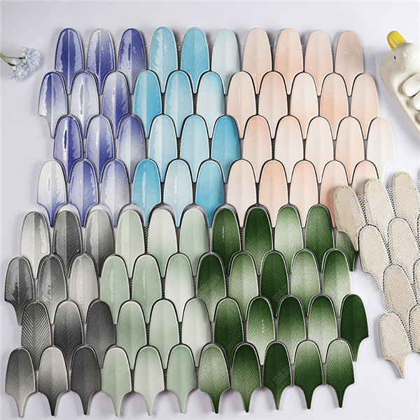 Feather Shape Glazed Gradient Grey Ceramic Hand Made Mosaic Tile ...