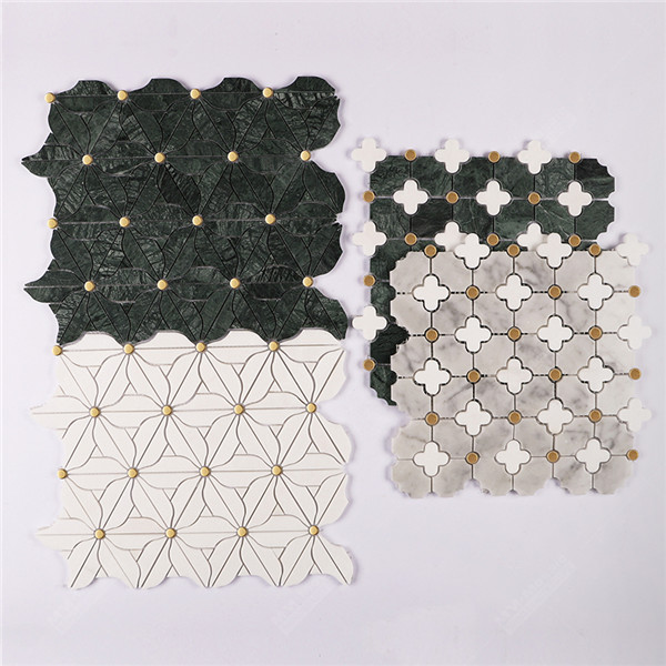 China Factory Price Waterjet Marble Flower Thassos White Stone Mosaic Tile Brass Inlay Mm Mosaic